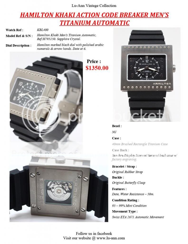 WTS : (KBL400) - Hamilton Khaki Action Code Breaker Automatic (LNIB ...